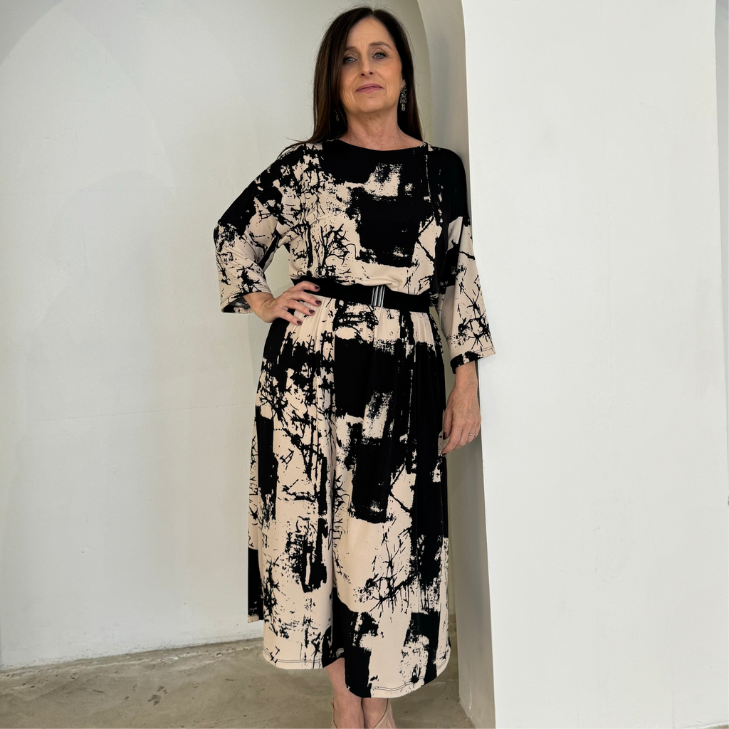 Black,beige,relaxed fit, stretch,midi length,3/4 sleeves,Beth Dress ...