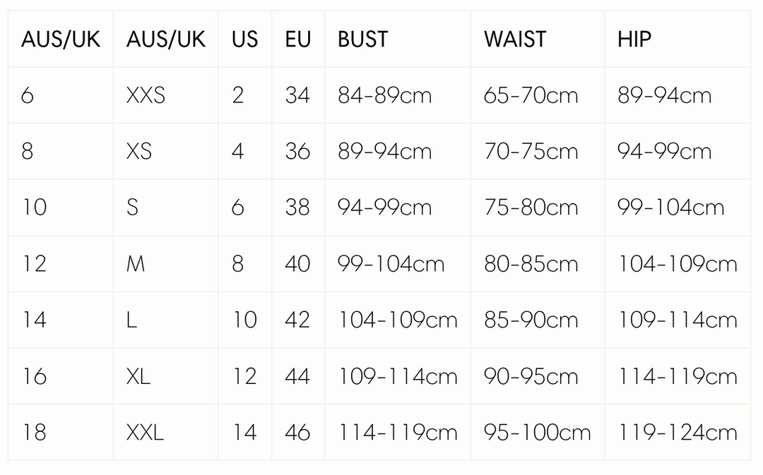 SIZE CHART – Just Audrey AU